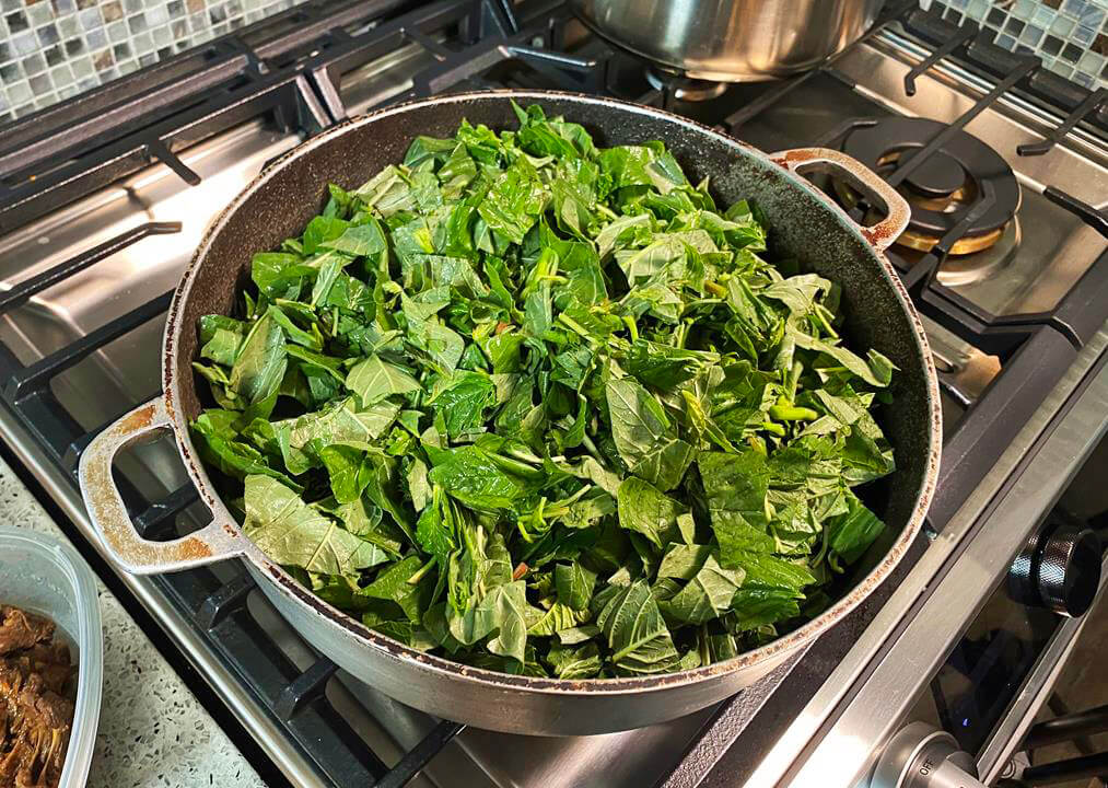 Chorai Bhagi (Jamaican Callaloo) with Stewed Chicken – Caribbean Life